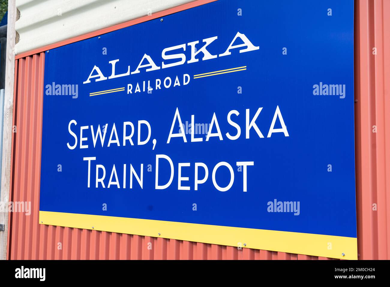 Seward, AK - September 1, 2022: Sign outside the Seward railroad train ... Seward, AK - September 1, 2022: Sign outside the Seward railroad train ...