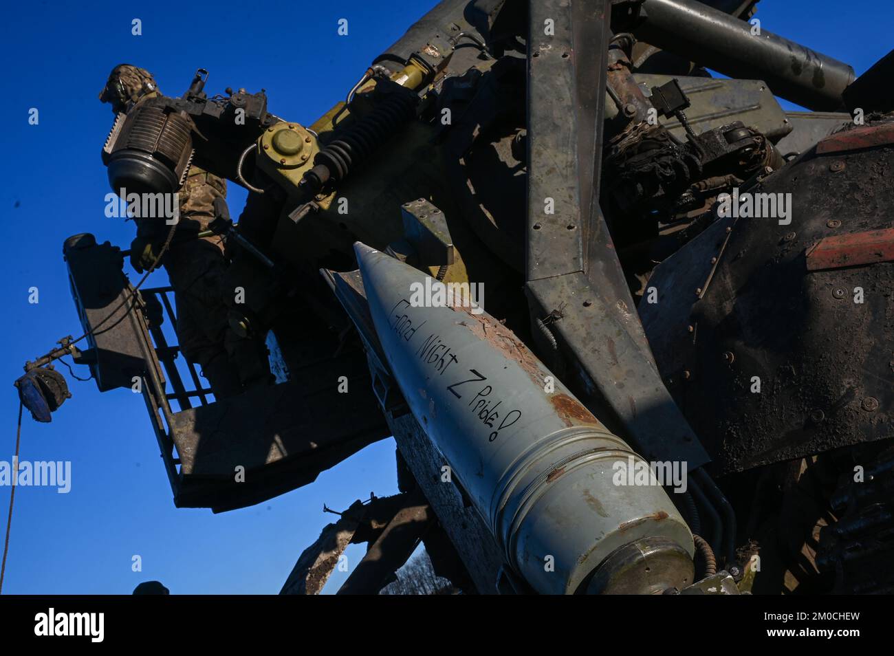 Donetsk, Ukraine, December 5, 2022. A 203mm artillery shell adorned ...