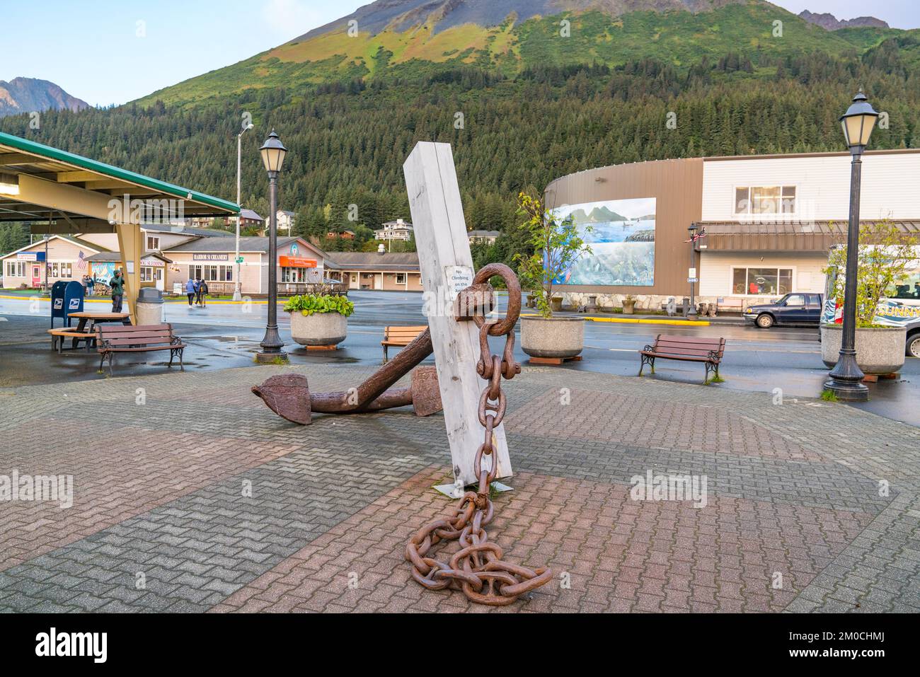 Seward, AK - September 1, 2022: Ship anchor in the center of a downtown ... Seward, AK - September 1, 2022: Ship anchor in the center of a downtown ...