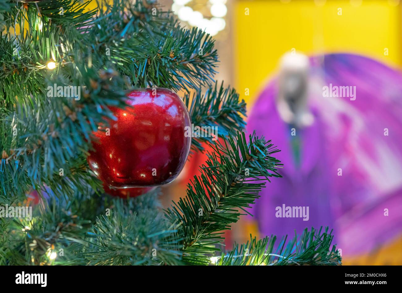 Red apple on the Christmas tree against the backdrop of a showcase with ...