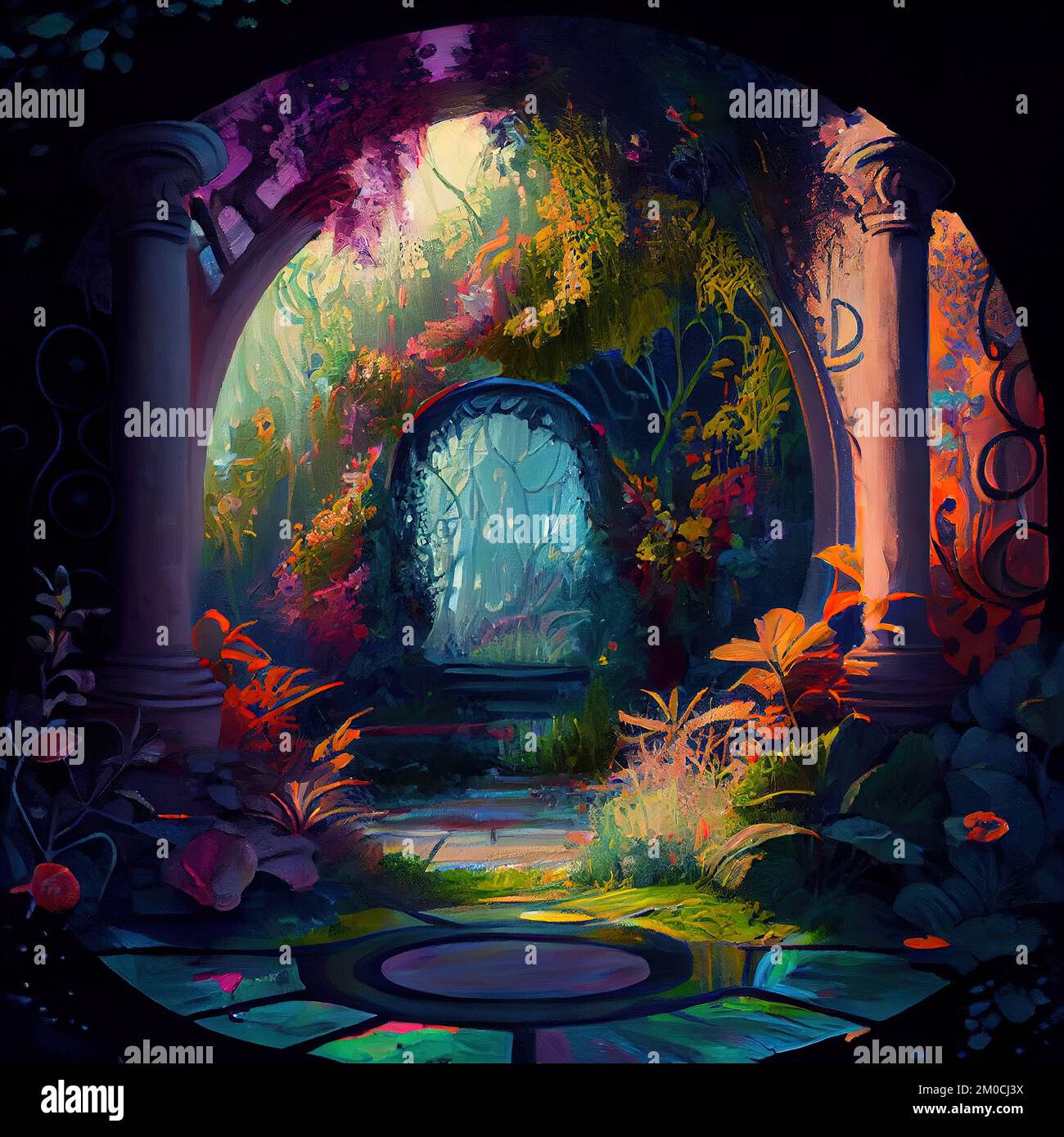 Beautiful Fantasy Garden Background Illustration Stock Photo - Alamy