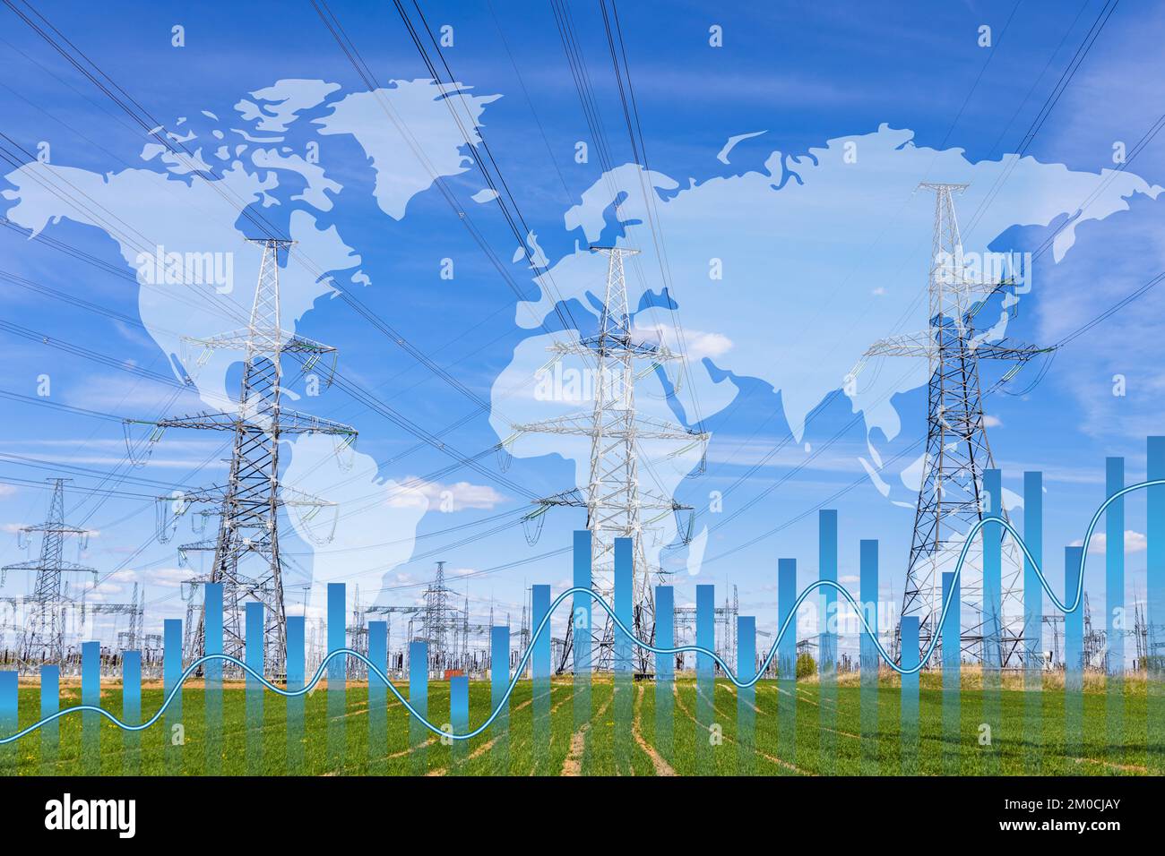 Transmission towers and raising sparkline chart representing ...
