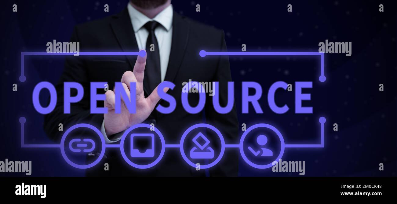 Text caption presenting Open Source. Business showcase denoting software which original source ...