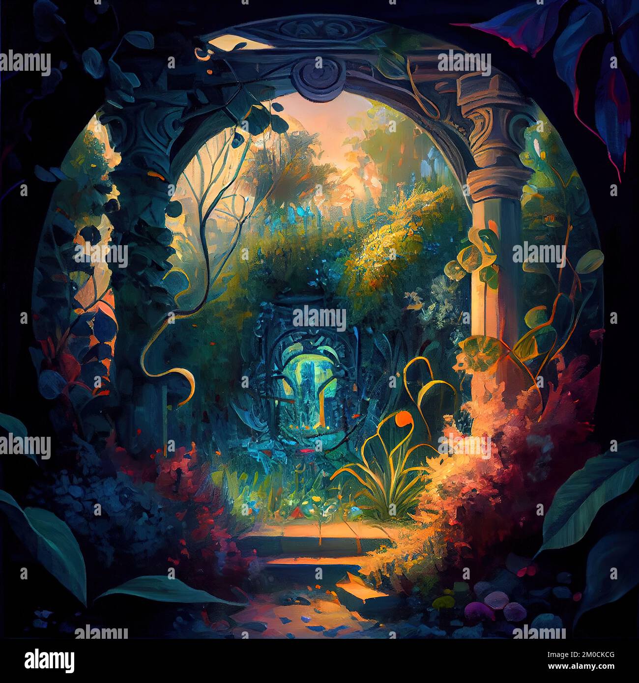 Beautiful Fantasy Garden Background Illustration Stock Photo - Alamy