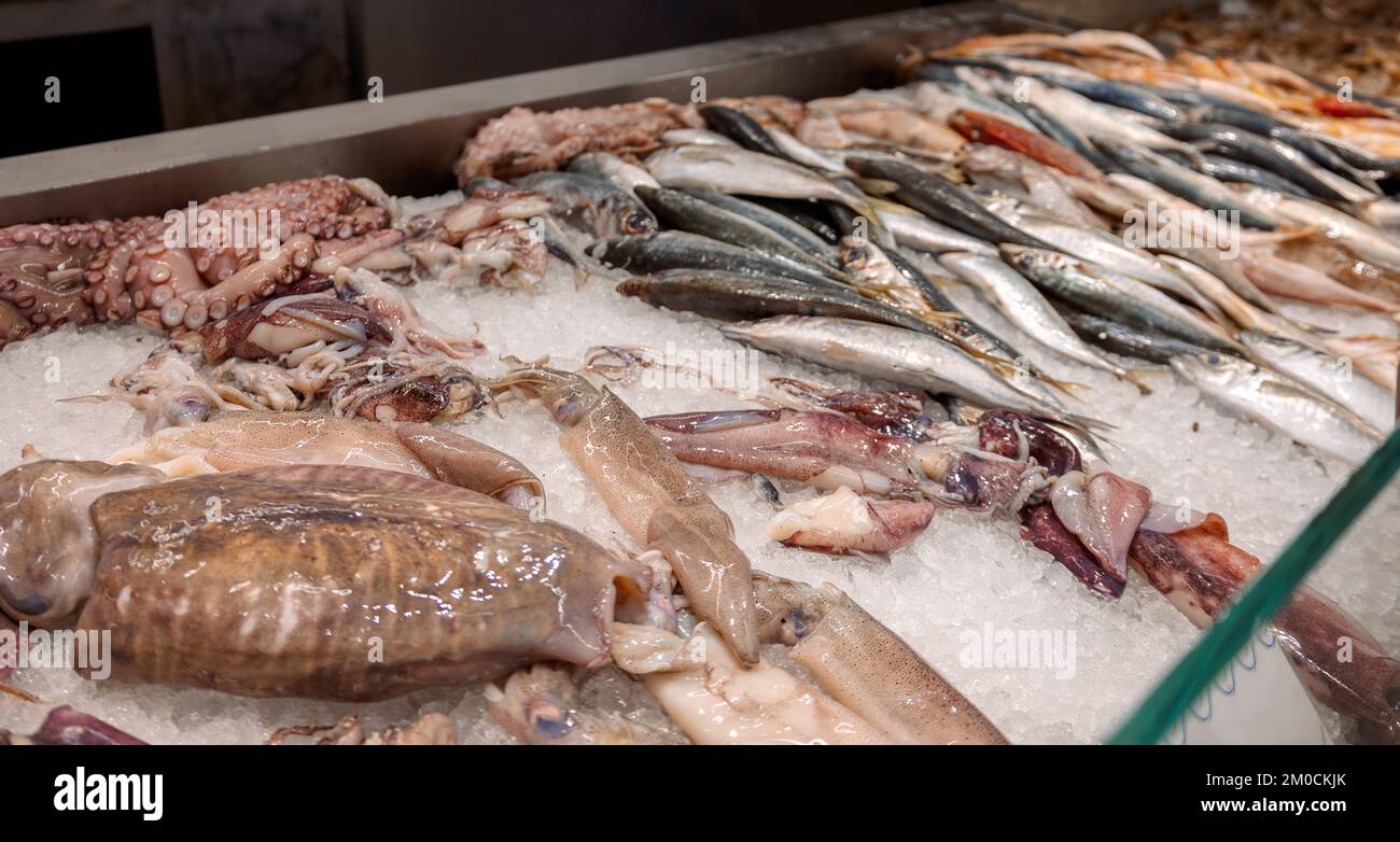 Colorful selection of seafood at fish market in Rhodes, Greece. High ...