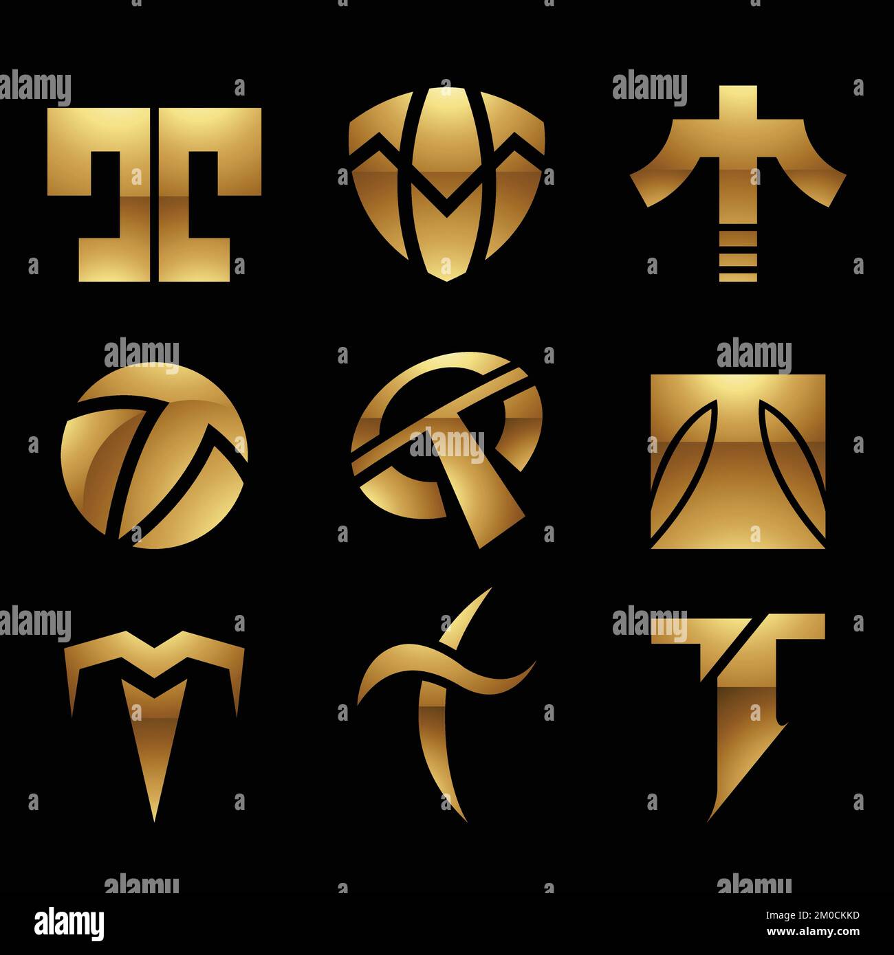 Golden Glossy Letter T Icons on a Black Background Stock Vector Image ...