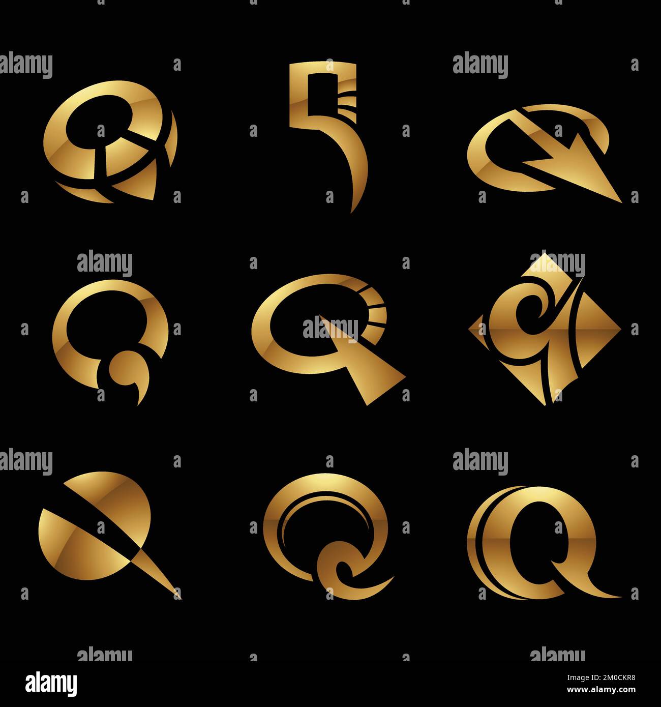 Golden Glossy Letter Q Icons on a Black Background Stock Vector Image ...