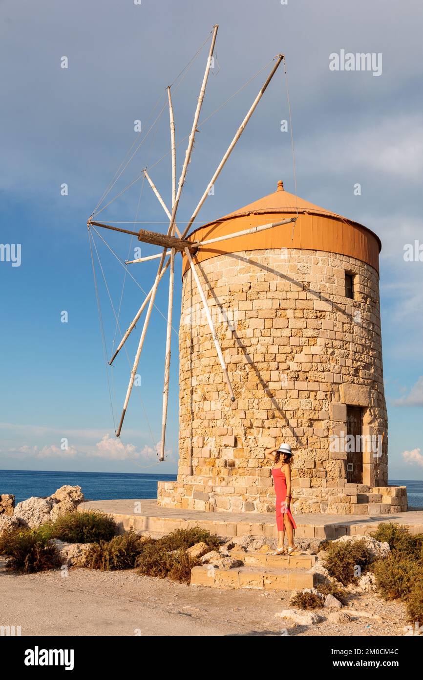Rhodes, Greece - August 24, 2022: Colorful panoramic view of windmills ...