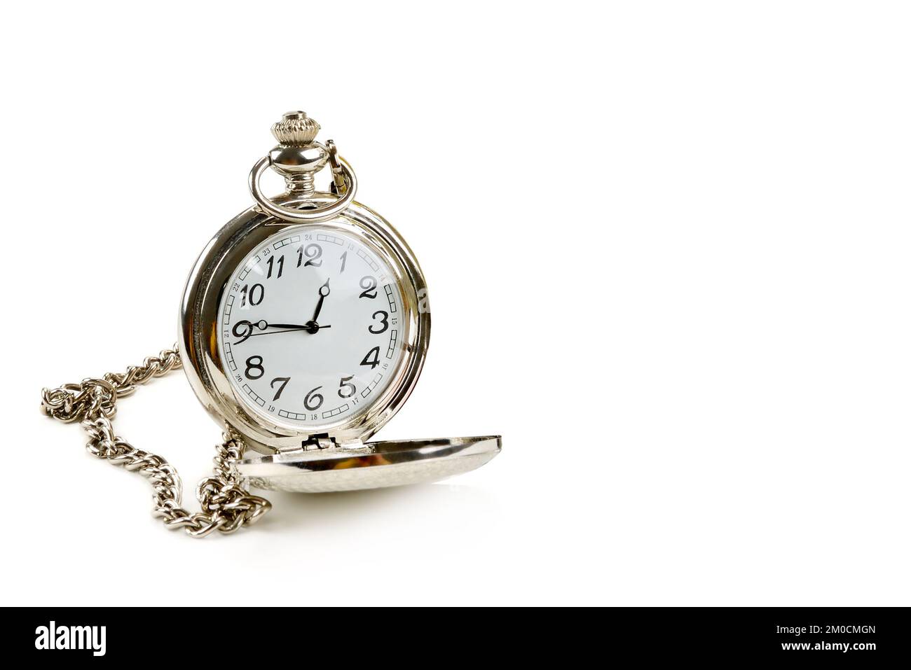 Pocket watch with chain isolated on white background. Free space for ...