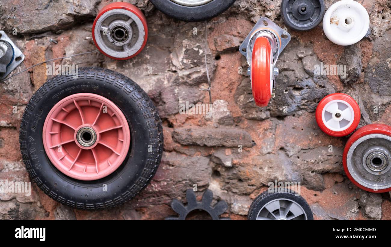 Wheels in different sizes and colors, Wall decoration, visual with ...