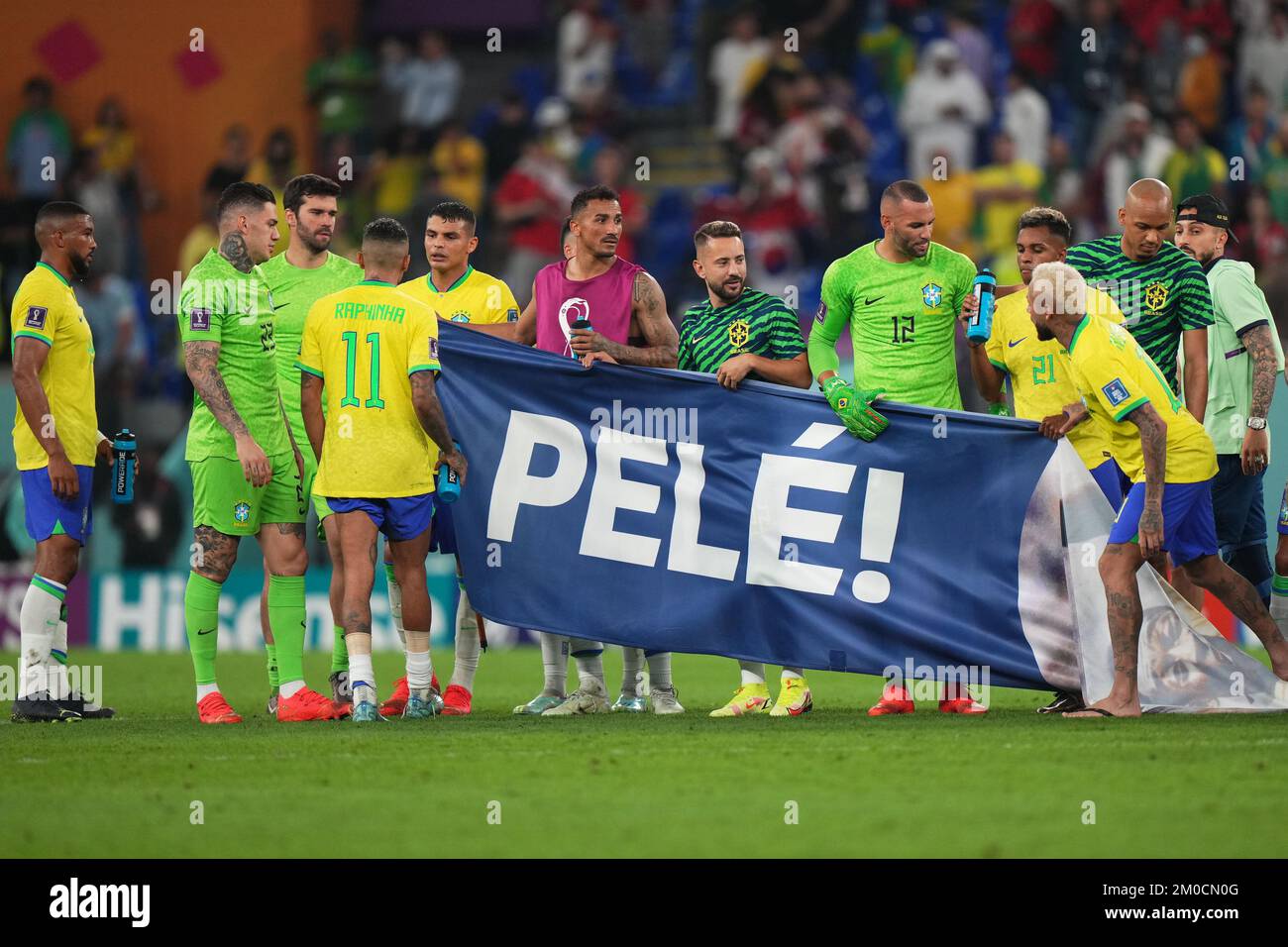 Brazil players with a Pele banner during the FIFA World Cup Qatar 2022 ...