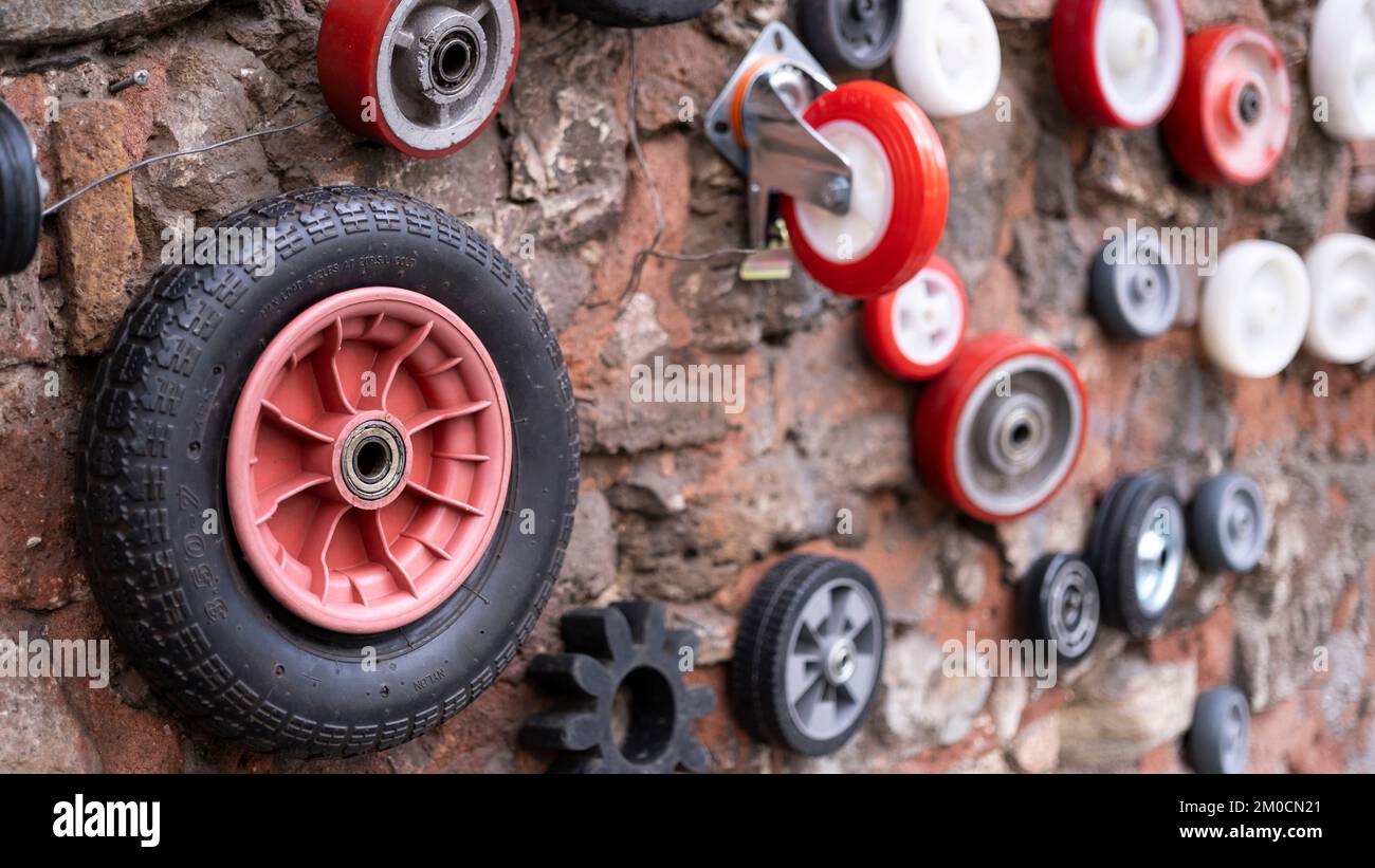 Wheels in different sizes and colors, Wall decoration, visual with ...