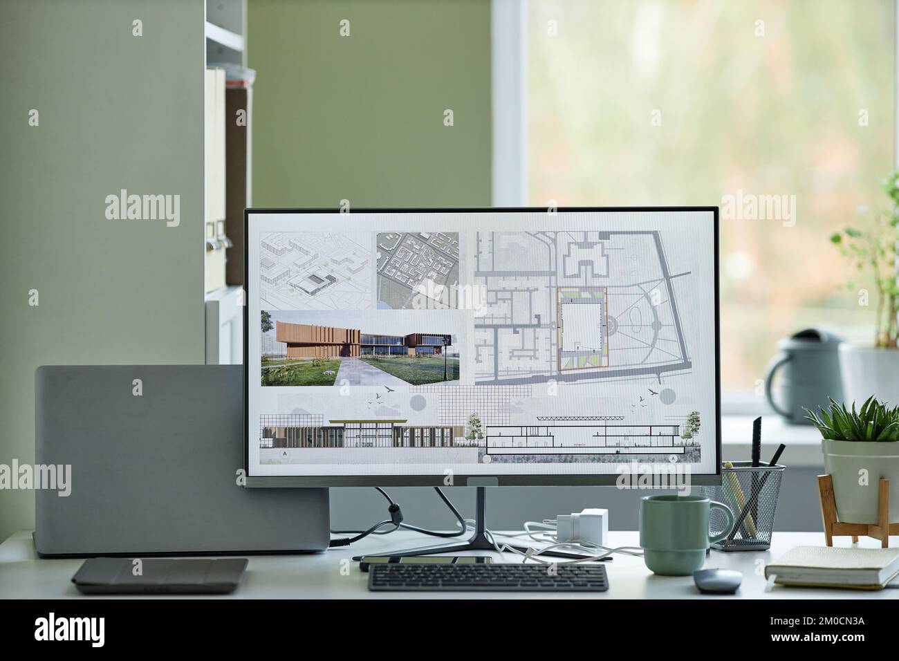 Minimal background image of computer with 3D blueprints on screen ...