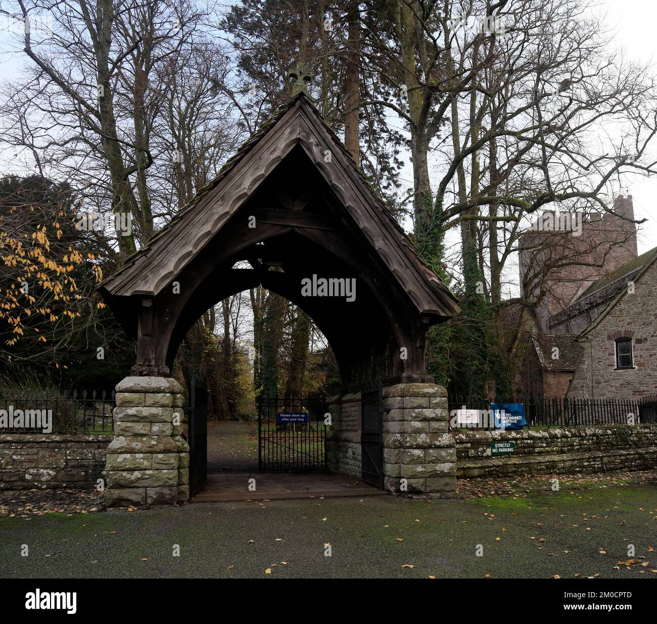 Lych gate at Brecon Cathedral, Powys, Wales, UK. December 2022. Winter ...
