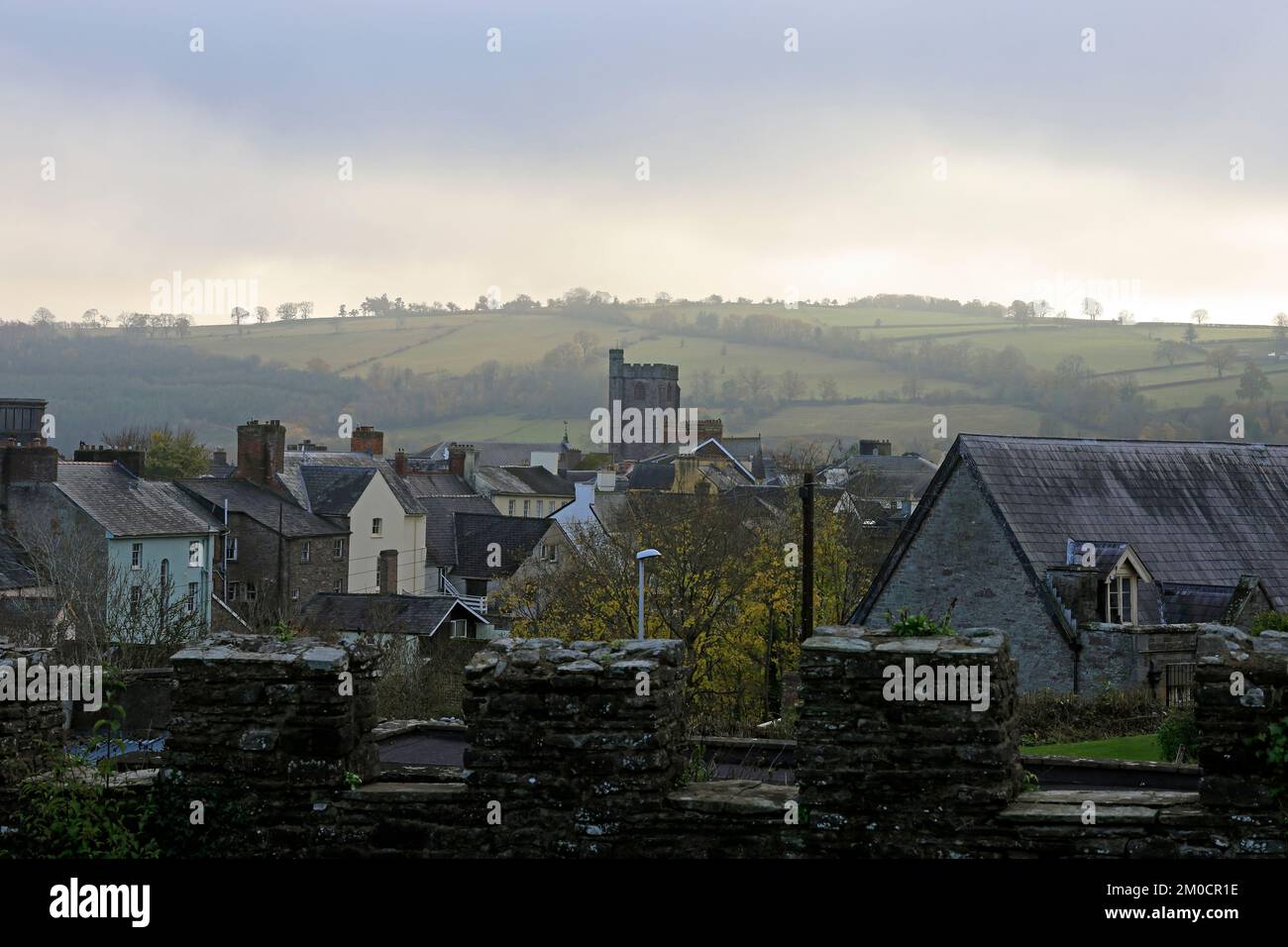 View from Brecon Cathedral grounds over Brecon rooftops, Powys, Wales ...