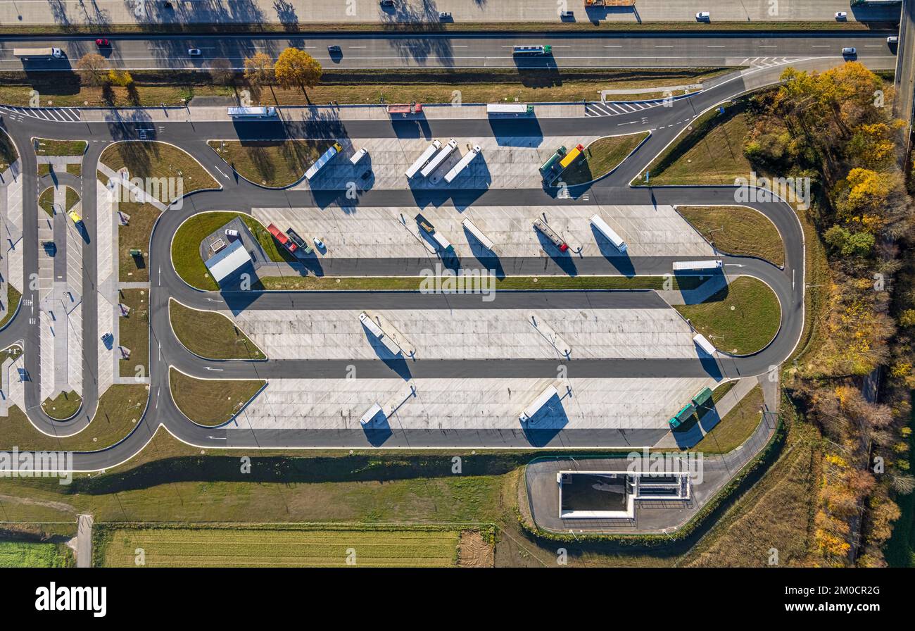 Aerial view, , Highway A44 service area Am Haarstrang with truck ...