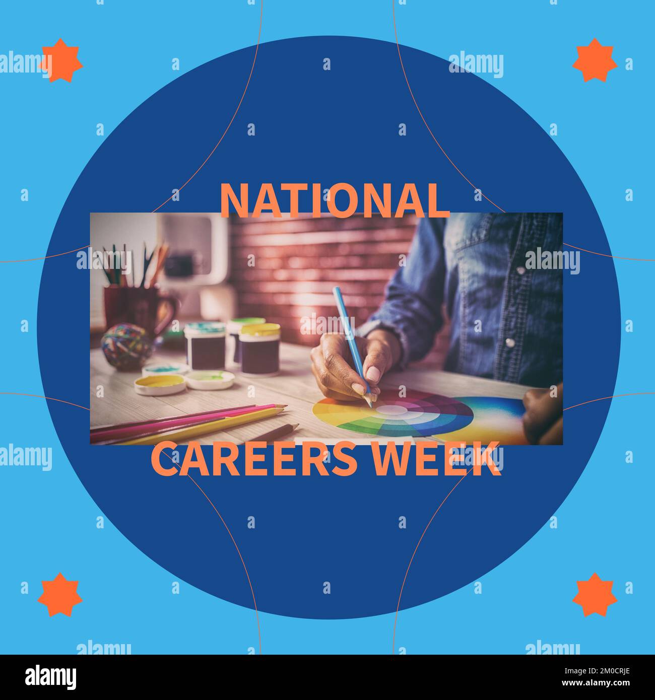 Composition of national careers week text over man using computer and colour wheel Stock Photo ...