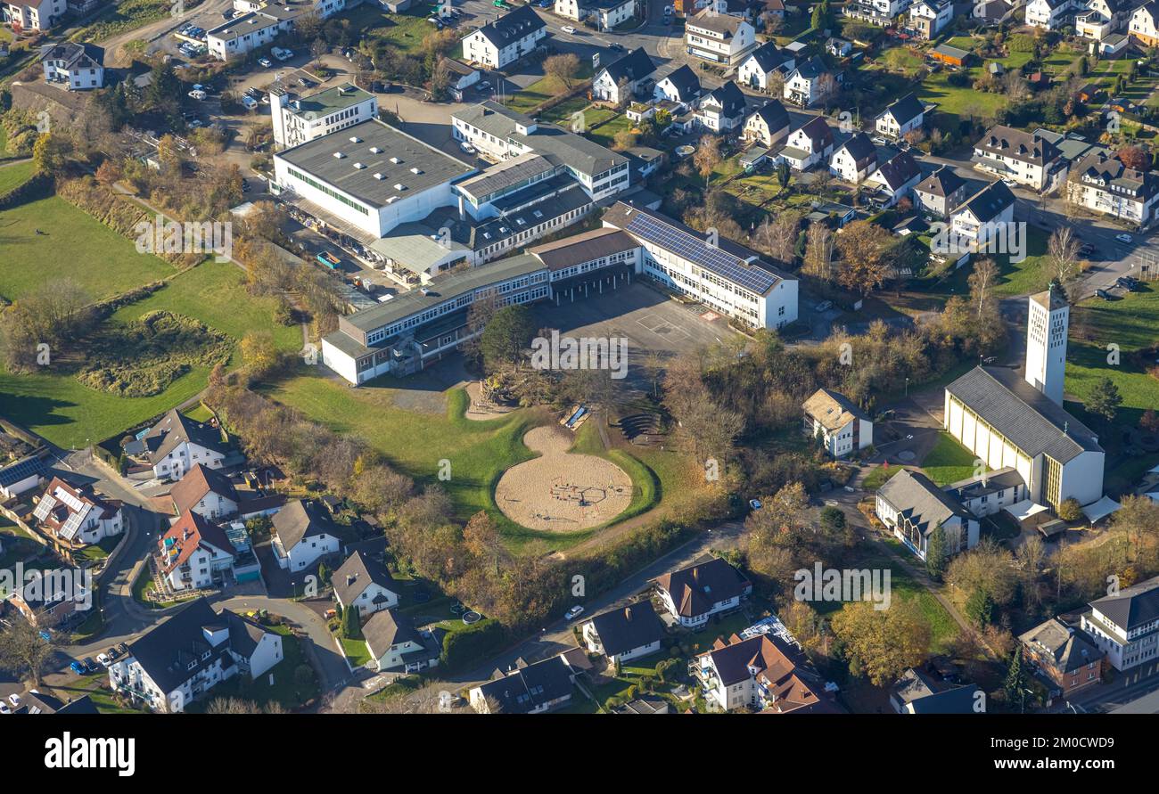 Aerial view, main school and Christkönig church in Sundern, Sauerland ...
