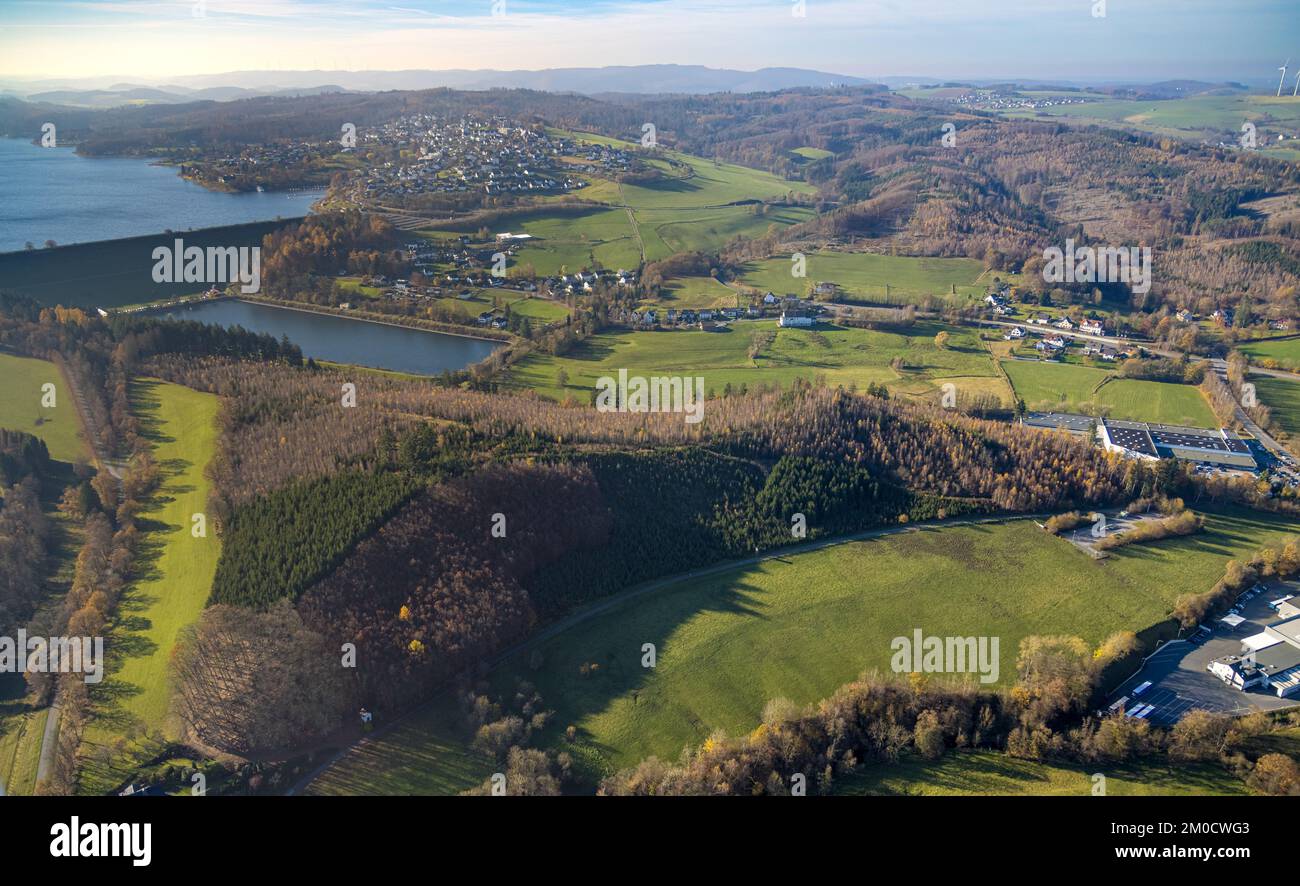 Aerial view, forest area and meadows with balancing basin at the ...