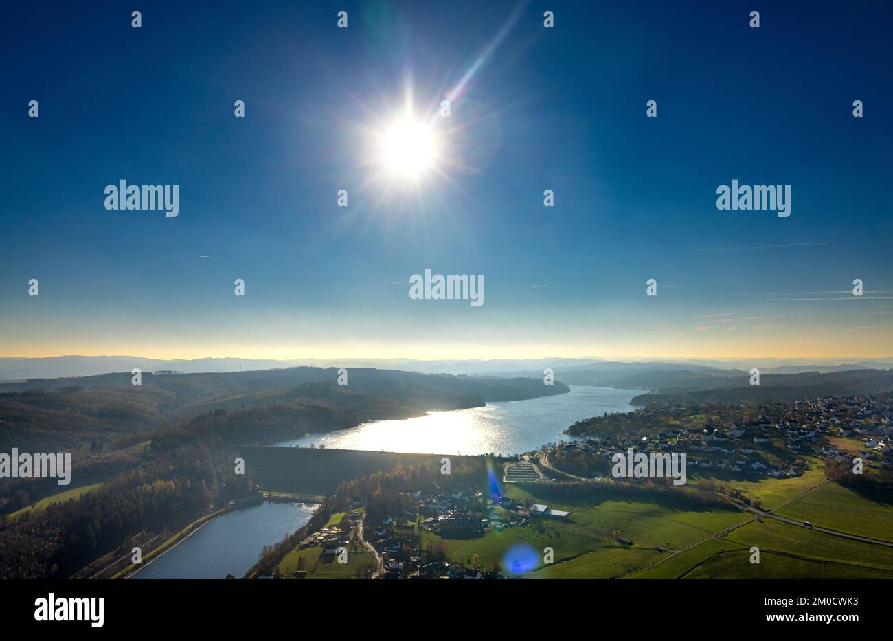 Aerial view, Sorpesee in backlight in district Langscheid in Sundern ...