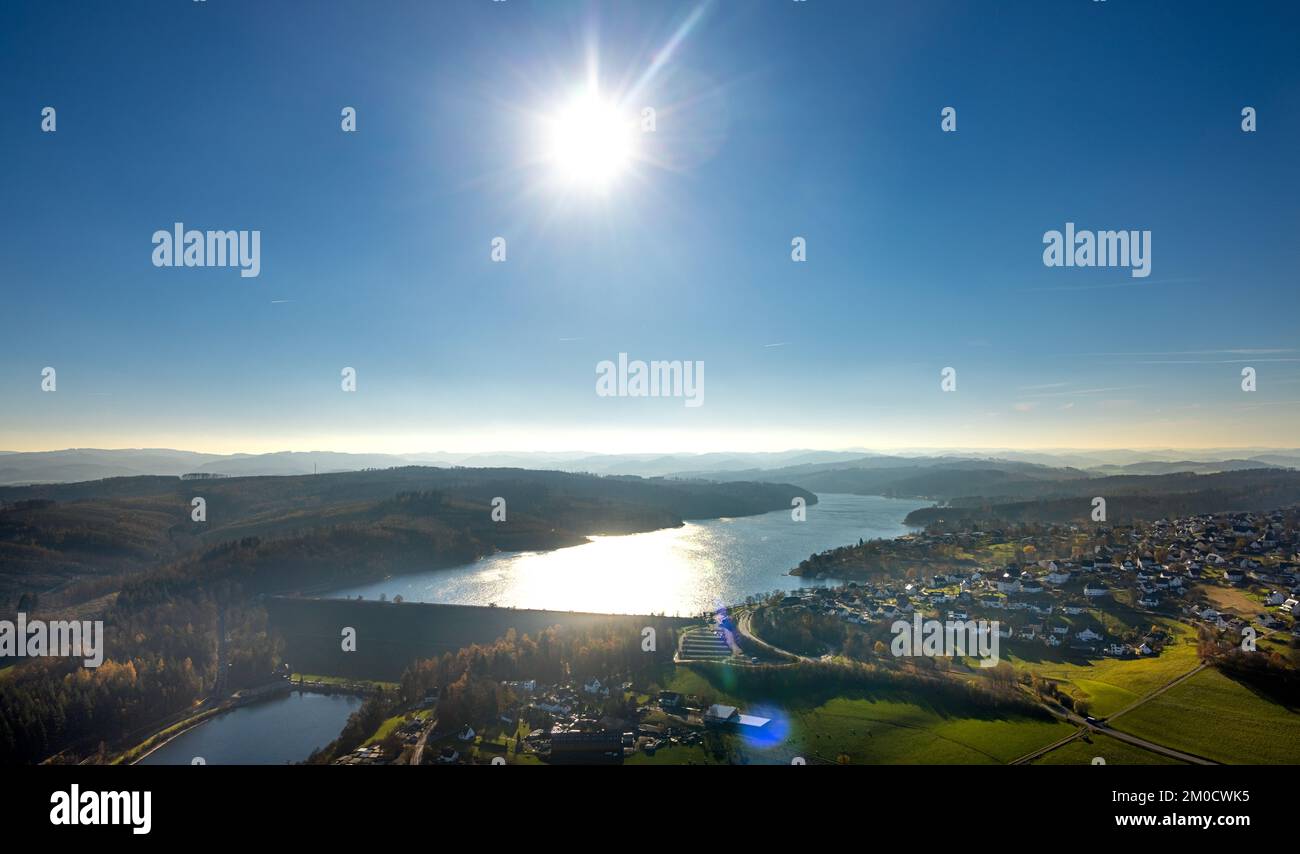 Aerial view, Sorpesee in backlight in district Langscheid in Sundern ...