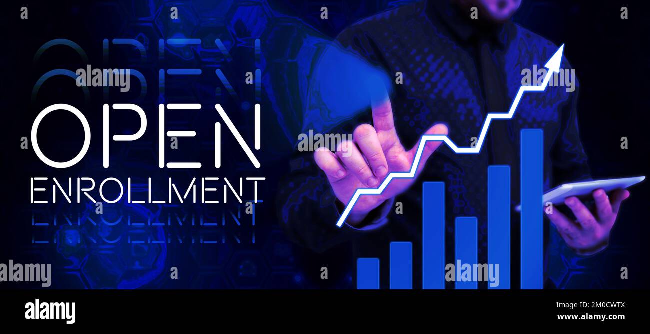 Text caption presenting Open Enrollment. Word Written on The yearly ...