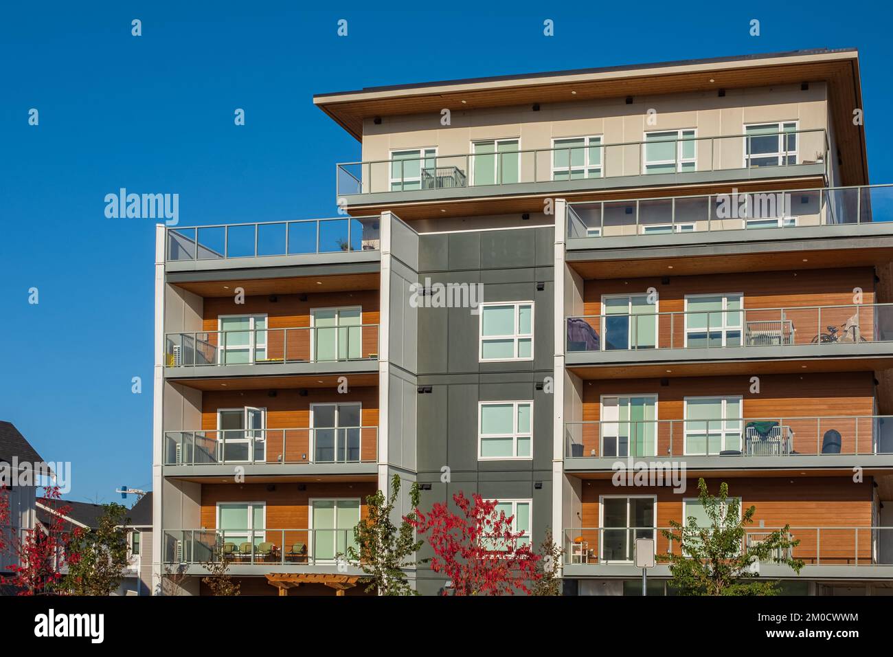 Modern apartment buildings exteriors in sunny day. Cityscape with ...