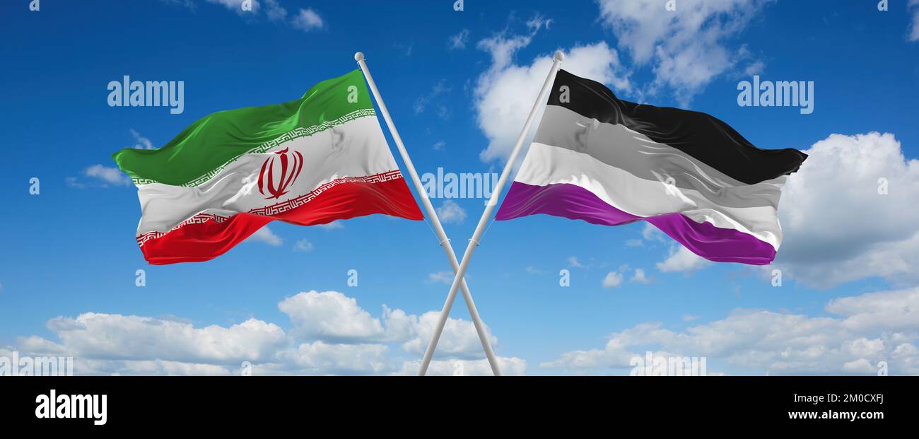 two crossed flags asexuality Pride and Iran waving in wind at cloudy ...