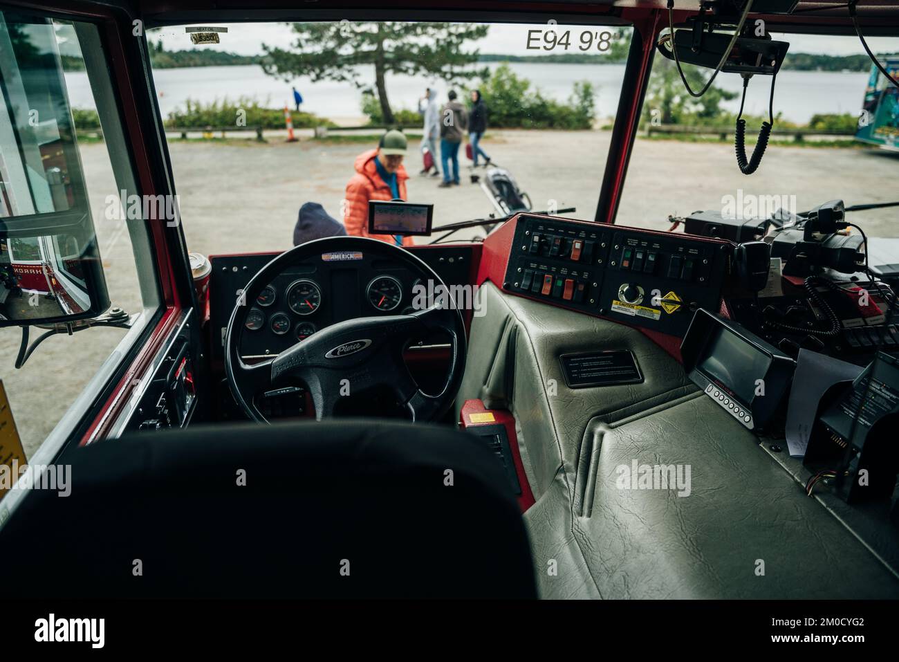 The side view of equipment packed neatly inside a fire engine, fire ...