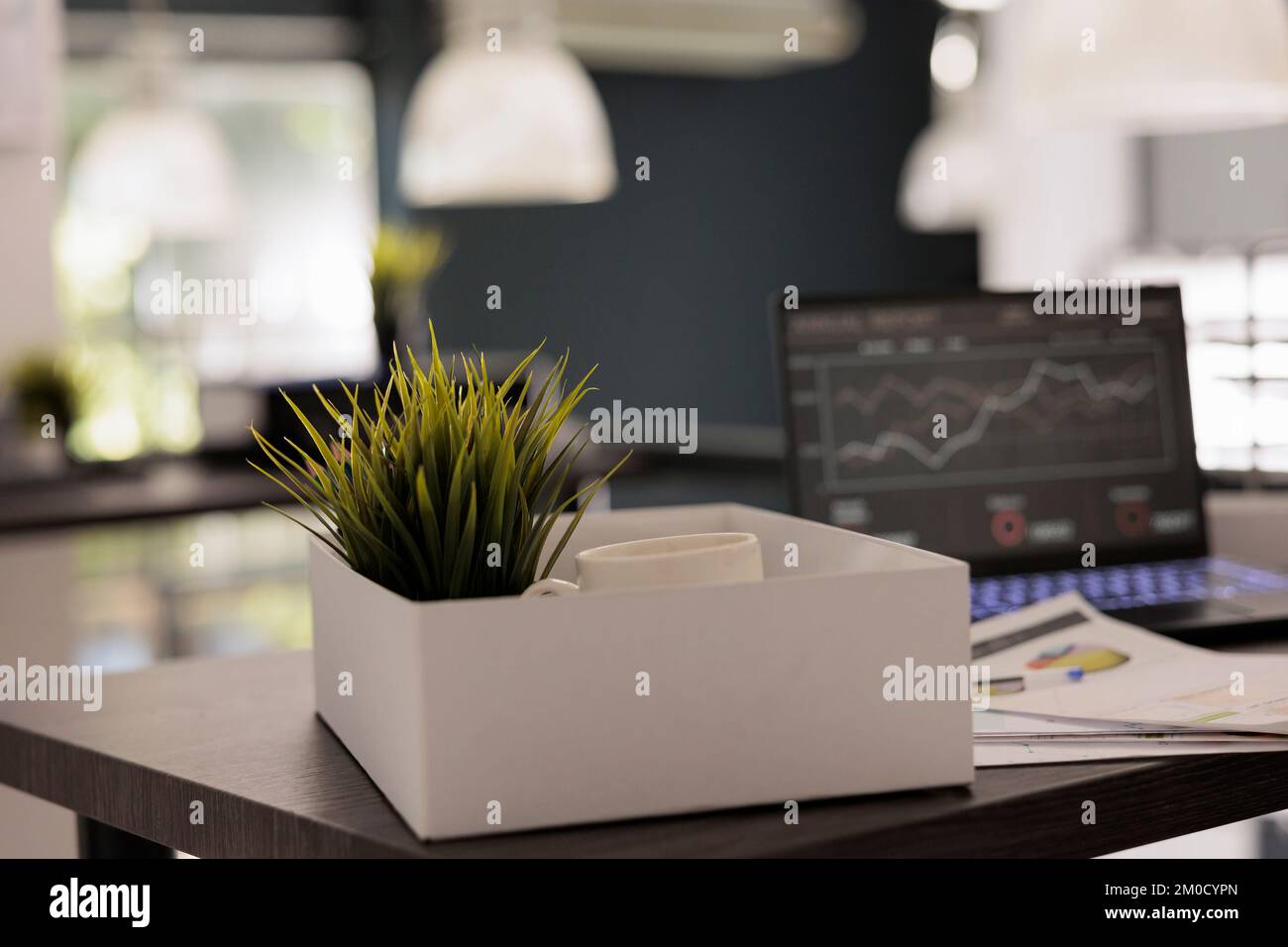 Empty workstation with plant and coffee cup in cardboard box. Printed ...