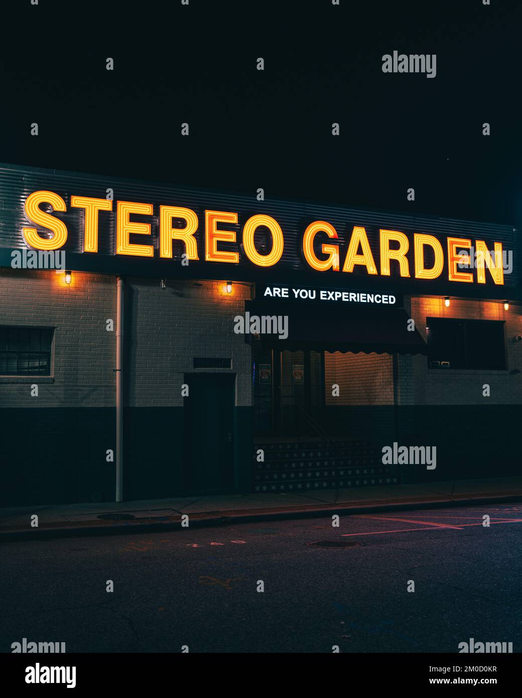 Stereo Garden neon sign at night, Patchogue, New York Stock Photo - Alamy