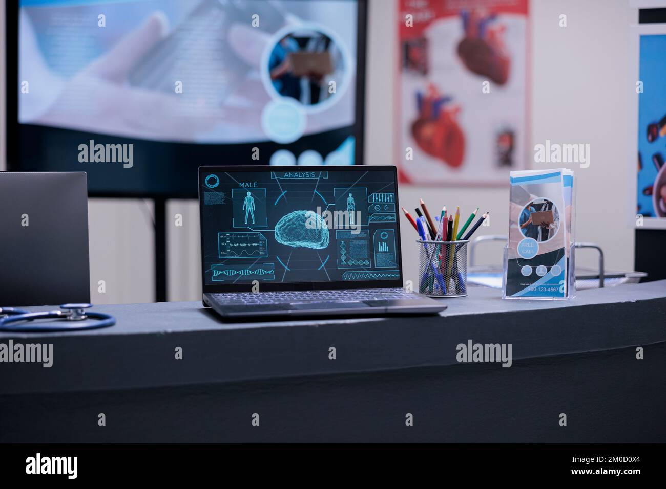 Brochures with medical information on reception desk of neuroscientific ...