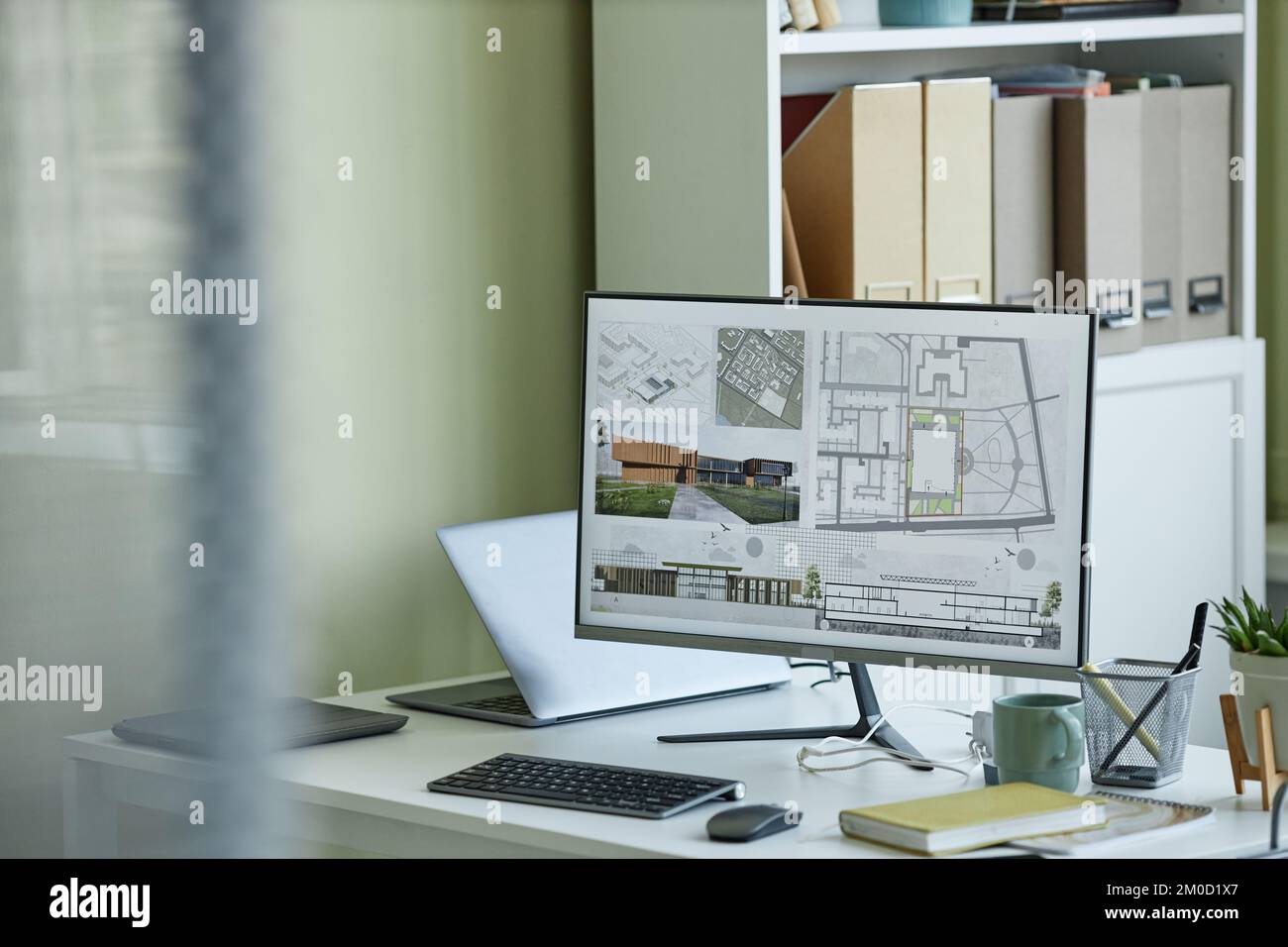 Background image of architects workplace, computer with 3D blueprints ...