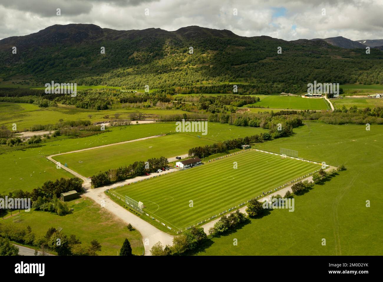 Aerial view of The Eilan, a shinty pitch in the Highlands of Scotland ...
