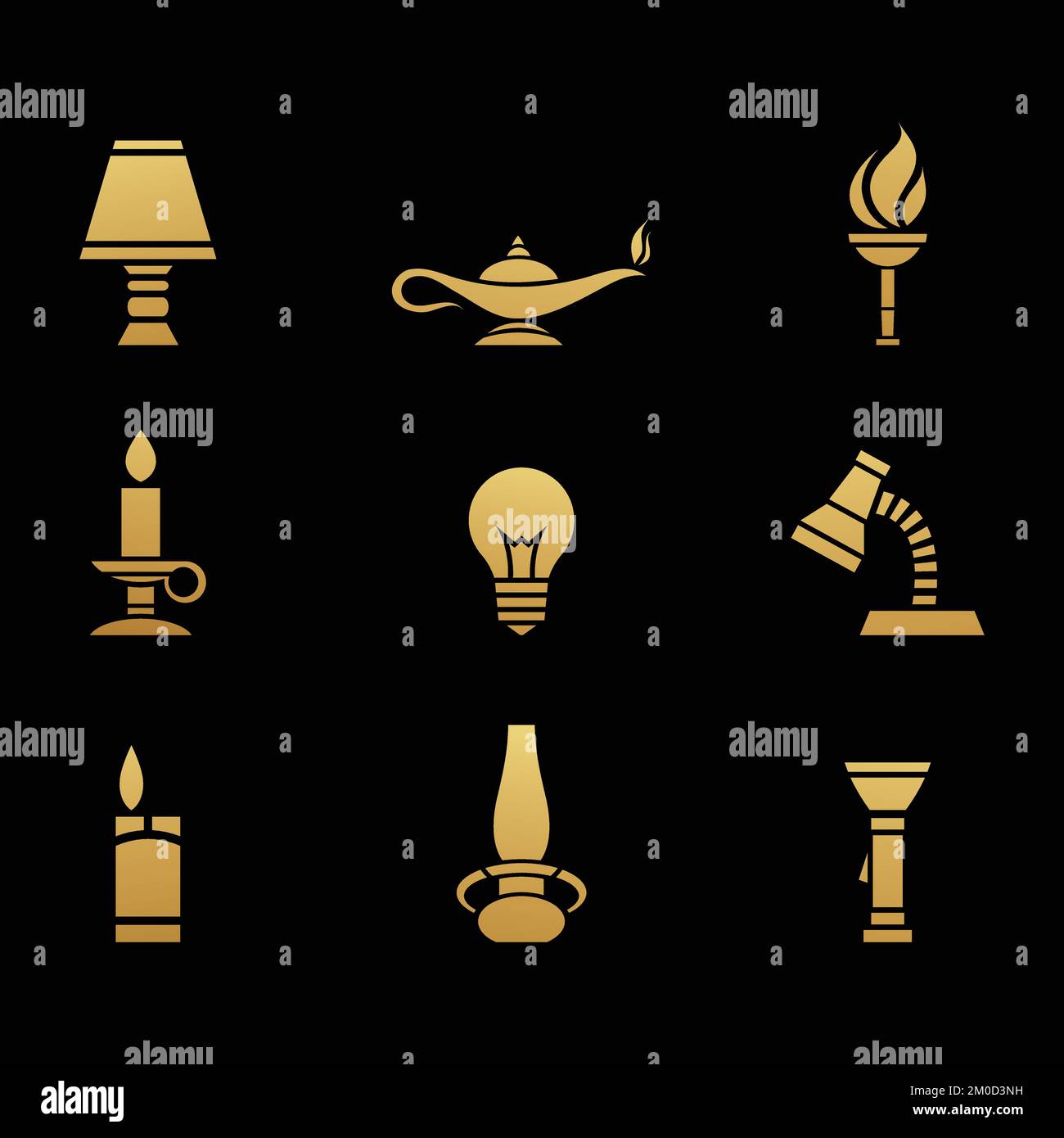 Golden Light Sources Icons on a Black Background Stock Vector Image ...