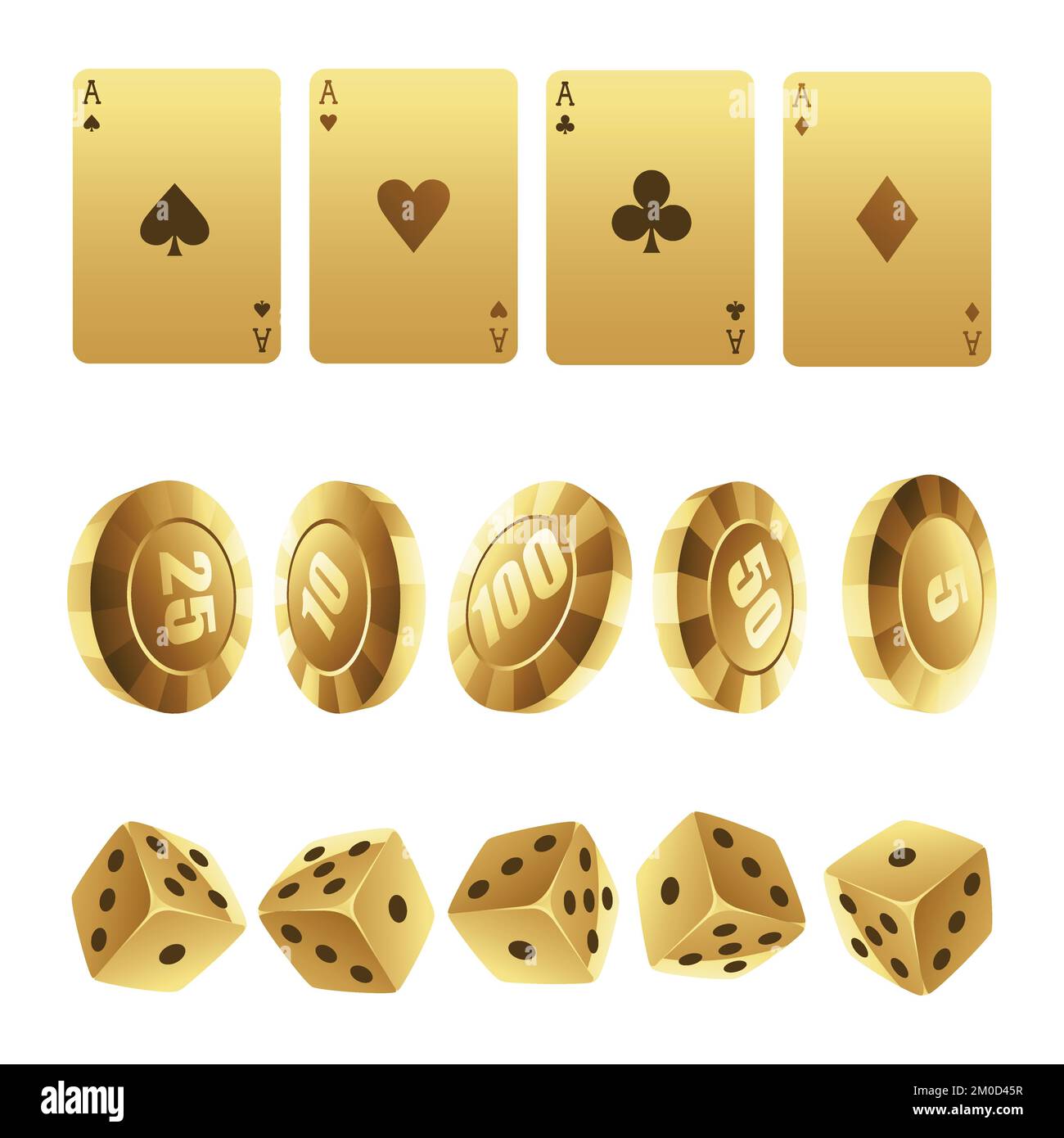 Golden Playing Cards Roulette Chips and Dices on a White Background ...