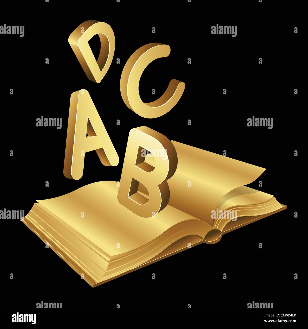 Golden Open Book with Letters A B C D on a Black Background Stock ...