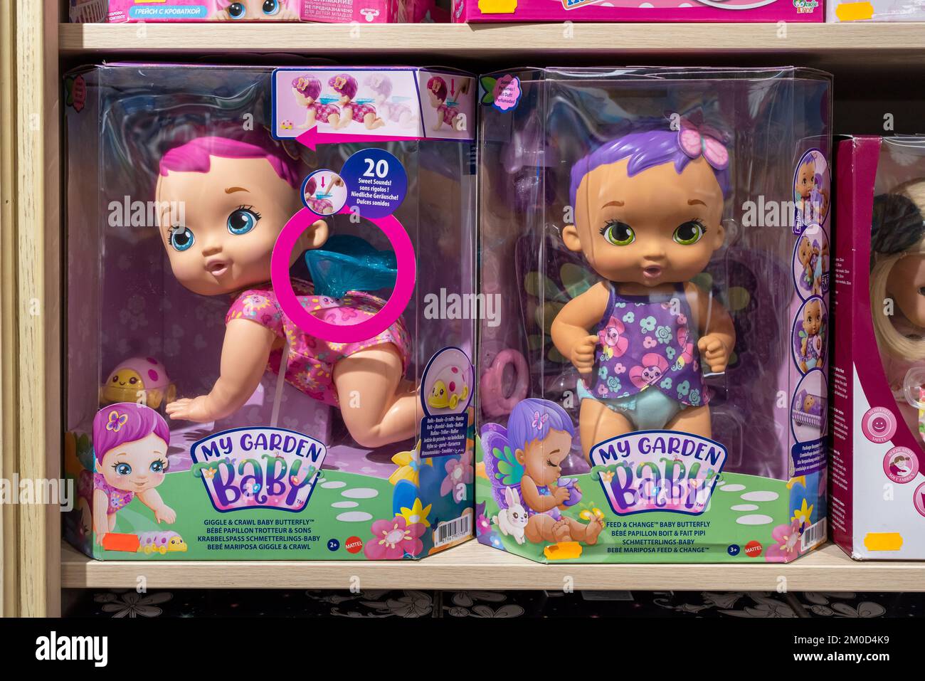 Baby dolls on the shelf of a toy store, manufactured by Mattel Inc ...