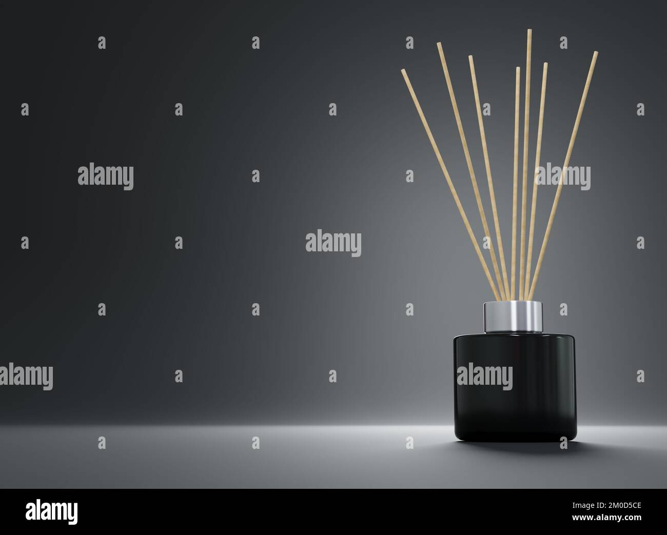 Aroma diffuser black bottle with silver cap and wooden sticks 3D render ...