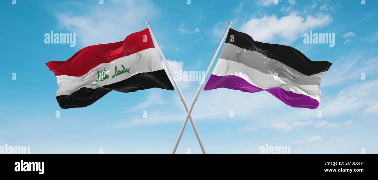 two crossed flags asexuality Pride and Iraq waving in wind at cloudy ...