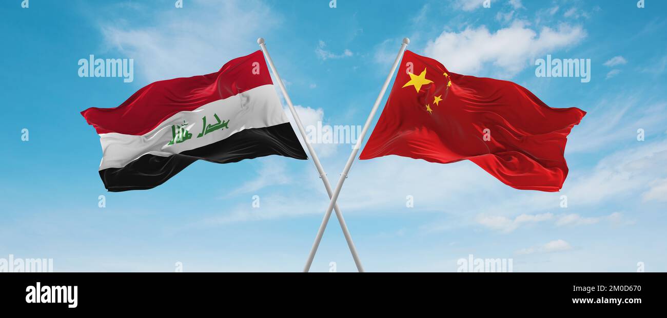 two crossed flags china and Iraq waving in wind at cloudy sky. Concept ...