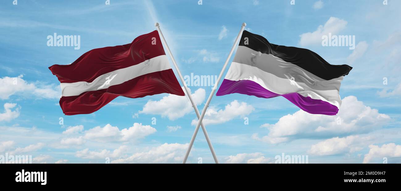two crossed flags asexuality Pride and Latvia waving in wind at cloudy ...