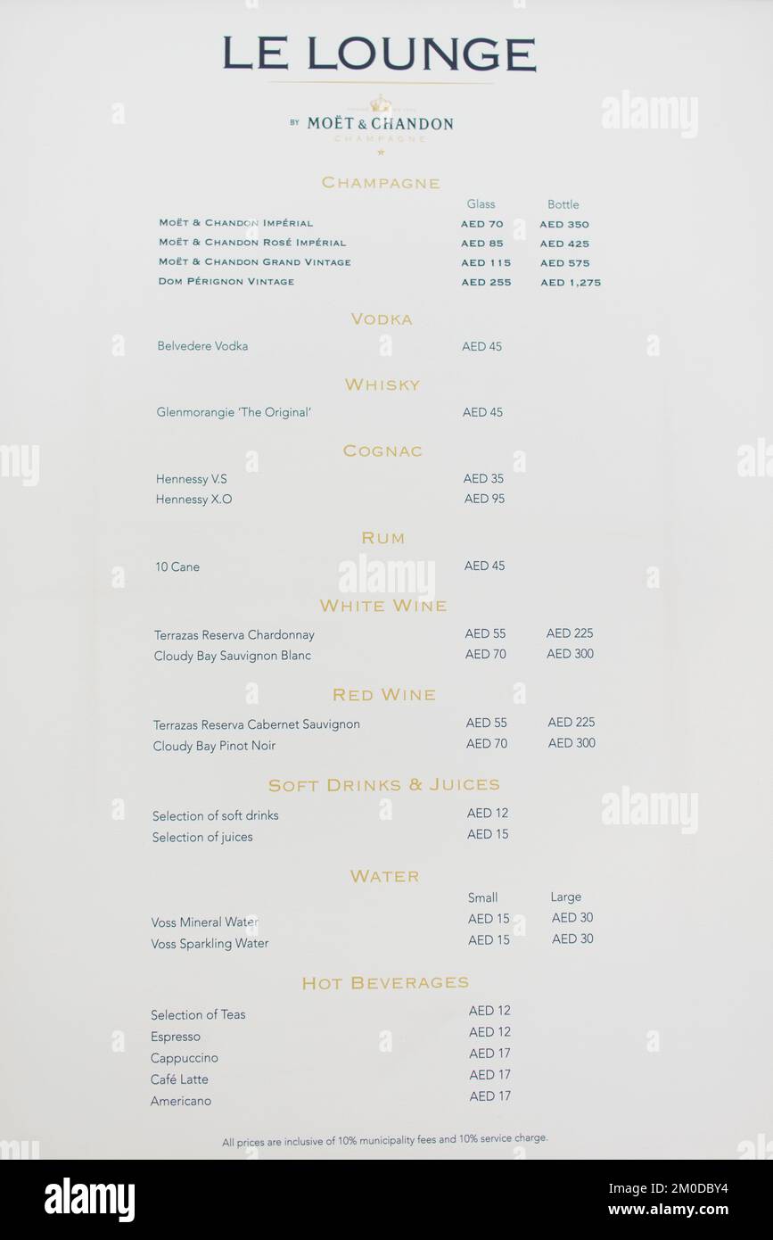 DUBAI, UAE - MARCH 31: close-up shot of le lounge menu in airport on ...