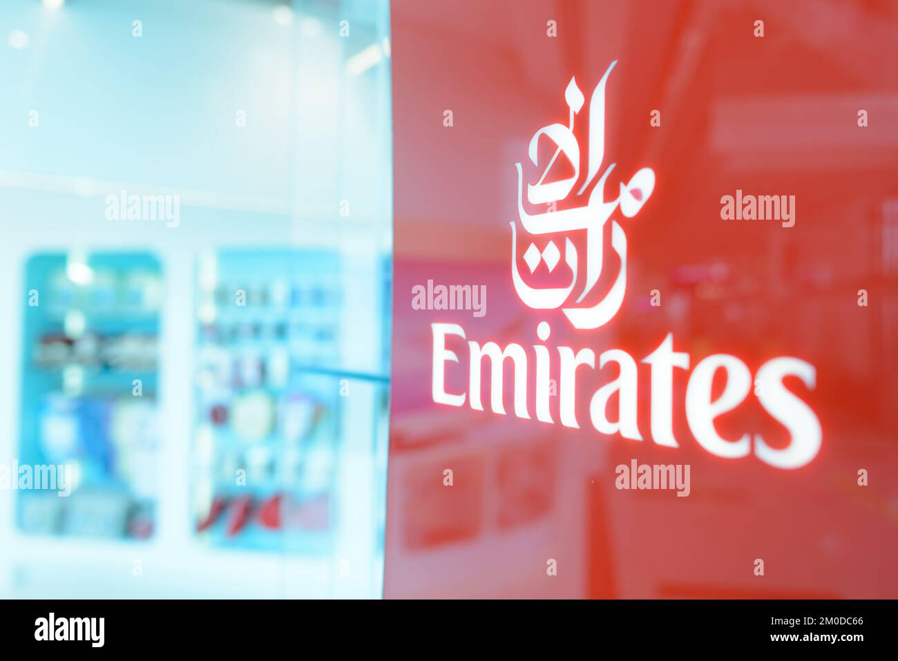 DUBAI, UAE - MARCH 31: Emirates logo on red background on March 31 ...