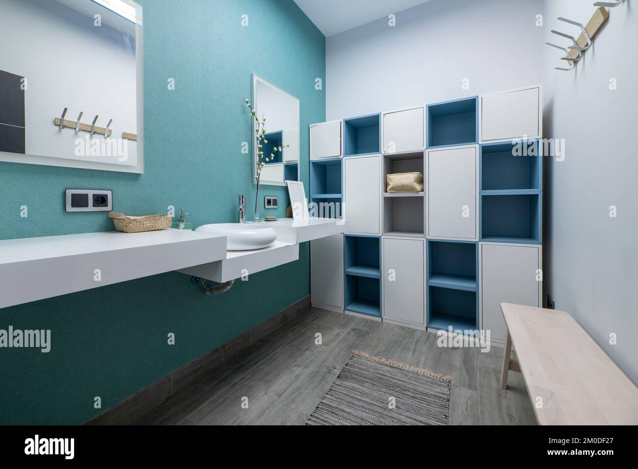 Locker room of a gym with designer white porcelain sink, blue locker ...