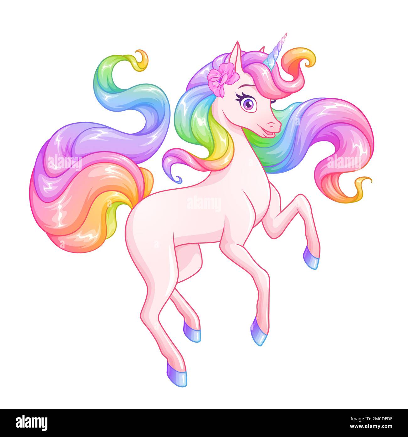 Beautiful pink unicorn with rainbow mane and tail. Vector illustration ...