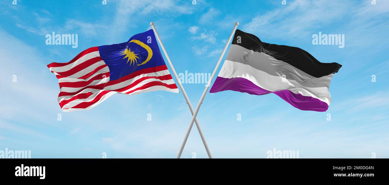 two crossed flags asexuality Pride and Malaysia waving in wind at ...