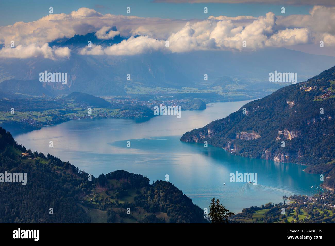 Aerial view of Swiss Alps and Lake Thun at dramatic sunset, Interlaken Stock Photo - Alamy
