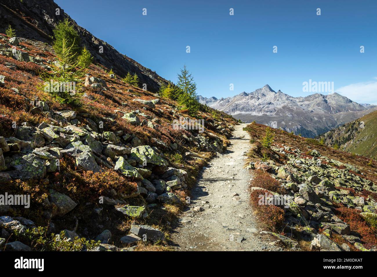 Footpath in Dramatic landscape of swiss alps, Engadine, Graubunden ...
