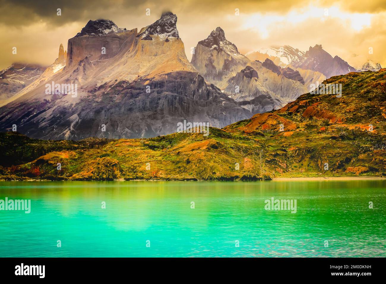 Horns of Paine and Lake Pehoe at sunset, Torres Del Paine, Patagonia ...